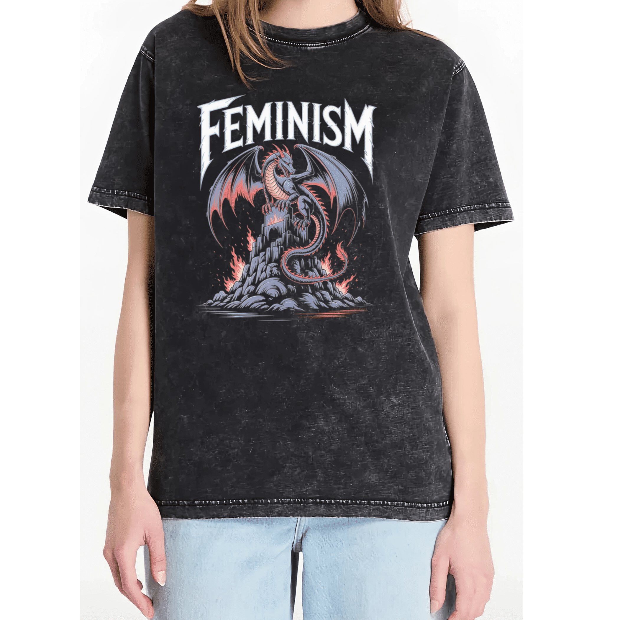Black Mineral Wash Feminism Dragon Castle Vintage Heavy Metal Graphic ...