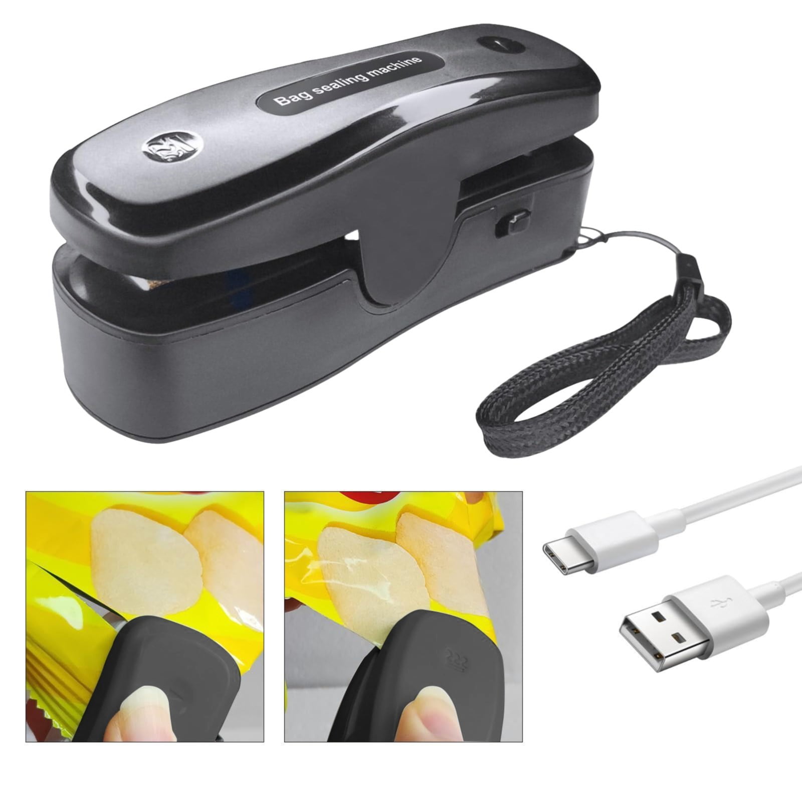 Black Mini Bag Sealer with Cutter - Rechargeable 2 In 1 Heat Sealer ...