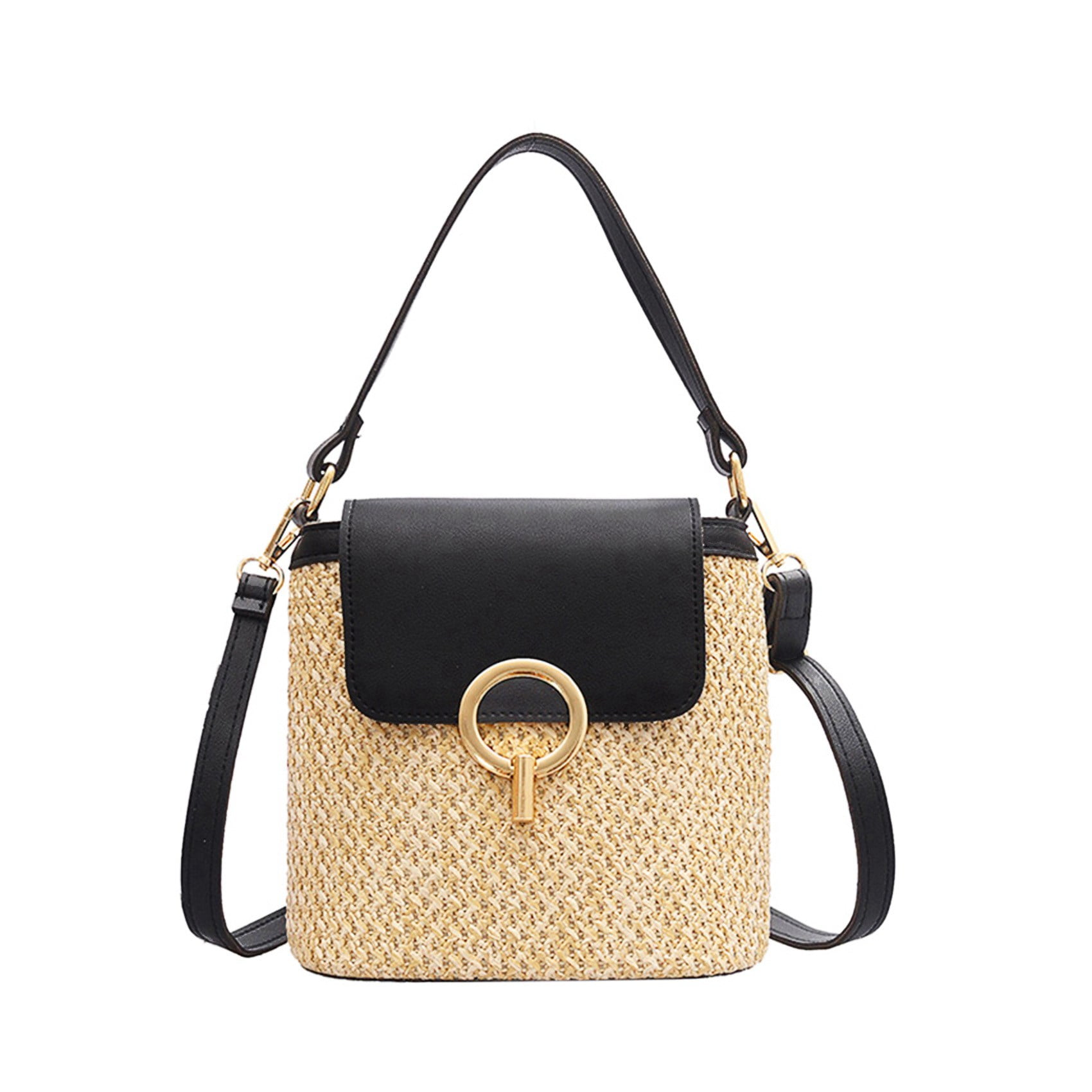 Black Mini Straw Bucket Crossbody Purse for Women, Summer Simple Casual ...