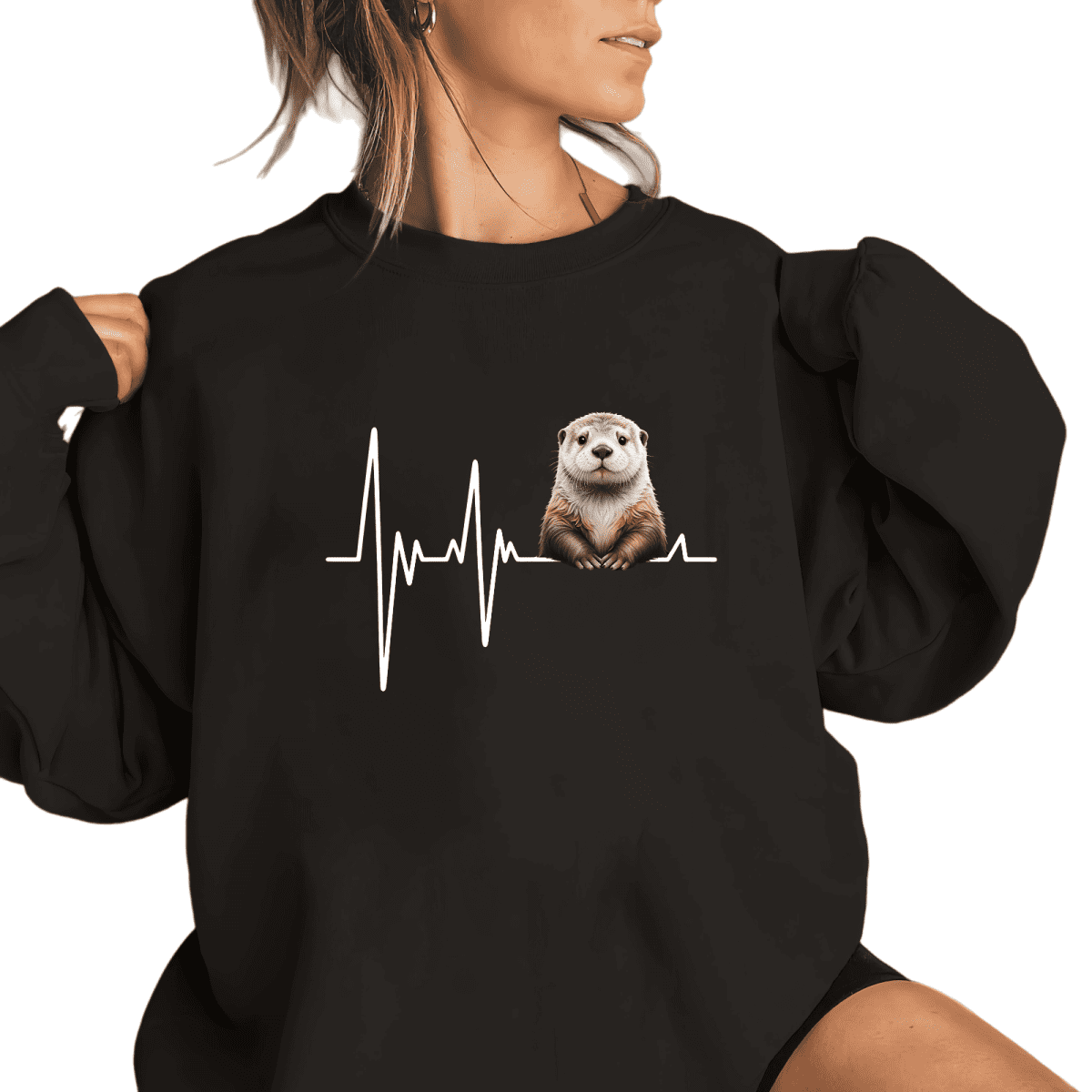 Black Minimal Otter ECG Line Graphic Sweatshirt Casual Animal Print S ...