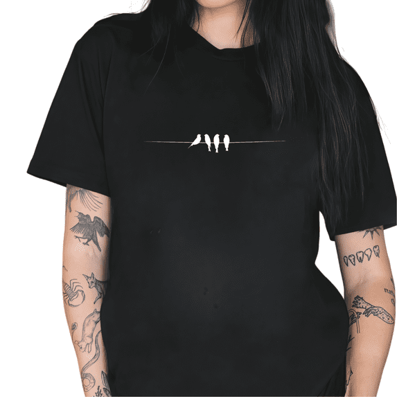Black Minimalist Birds On Wire Graphic T-Shirt Casual Loose Comfortable ...