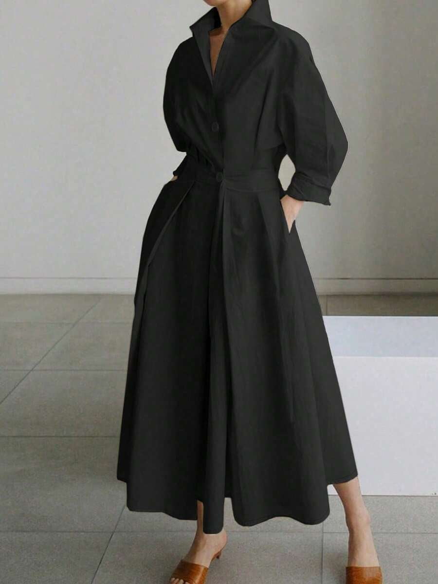Black Minimalist Collared Shirt Dress With Waist Belt, 3/4 Sleeves, A ...