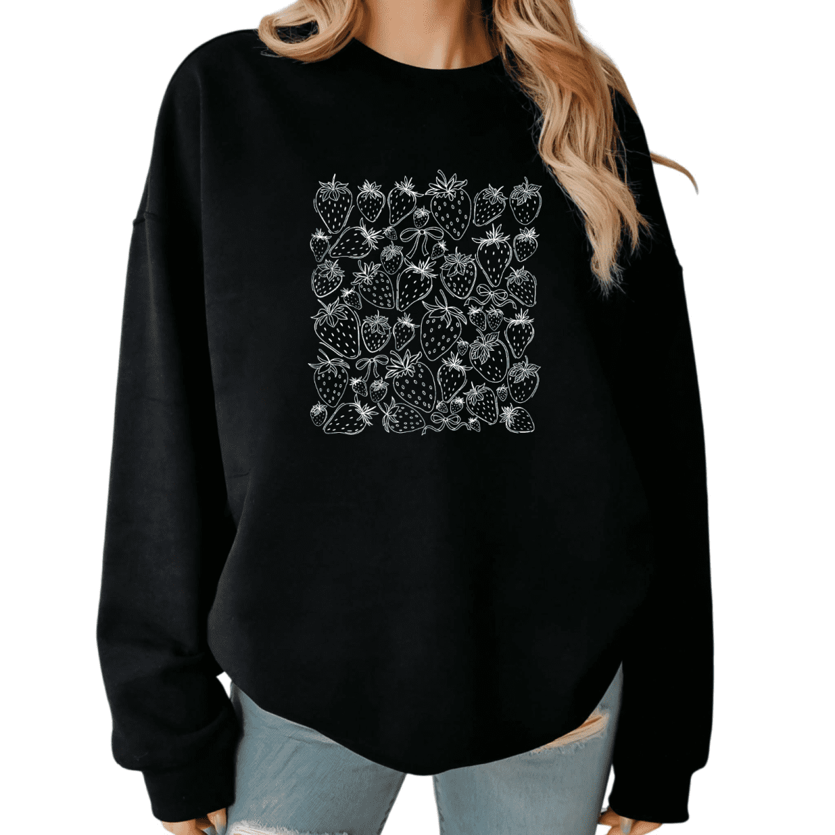 Black Minimalist Line Art Strawberry Pattern Crewneck Sweatshirt Women ...