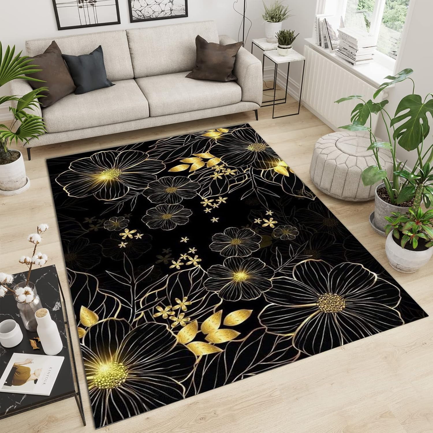 Black Minimalist Rug Floral Rugs, Luxury Gold Thread Texture Carpet ...