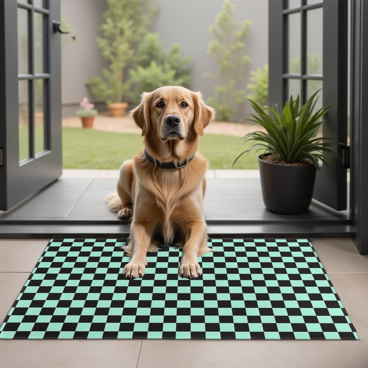 Black and Mint Green Checkerboard Pattern Door Rugs,Washable Non Slip ...