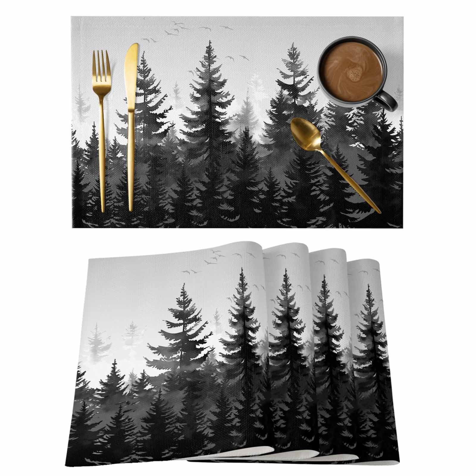 Black Mist Forest Placemats Set of 6 Retro Country Watercolor Tree ...