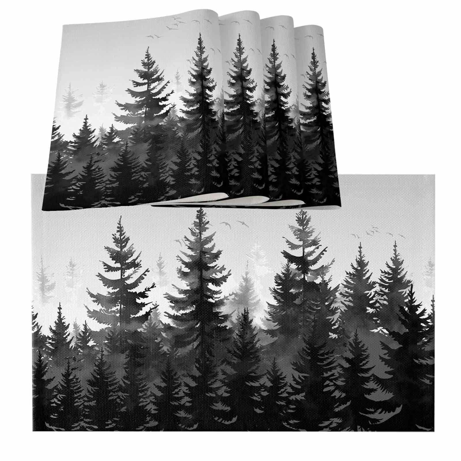 Black Mist Forest Retro Country Watercolor Tree Scenery Burlap Kitchen ...
