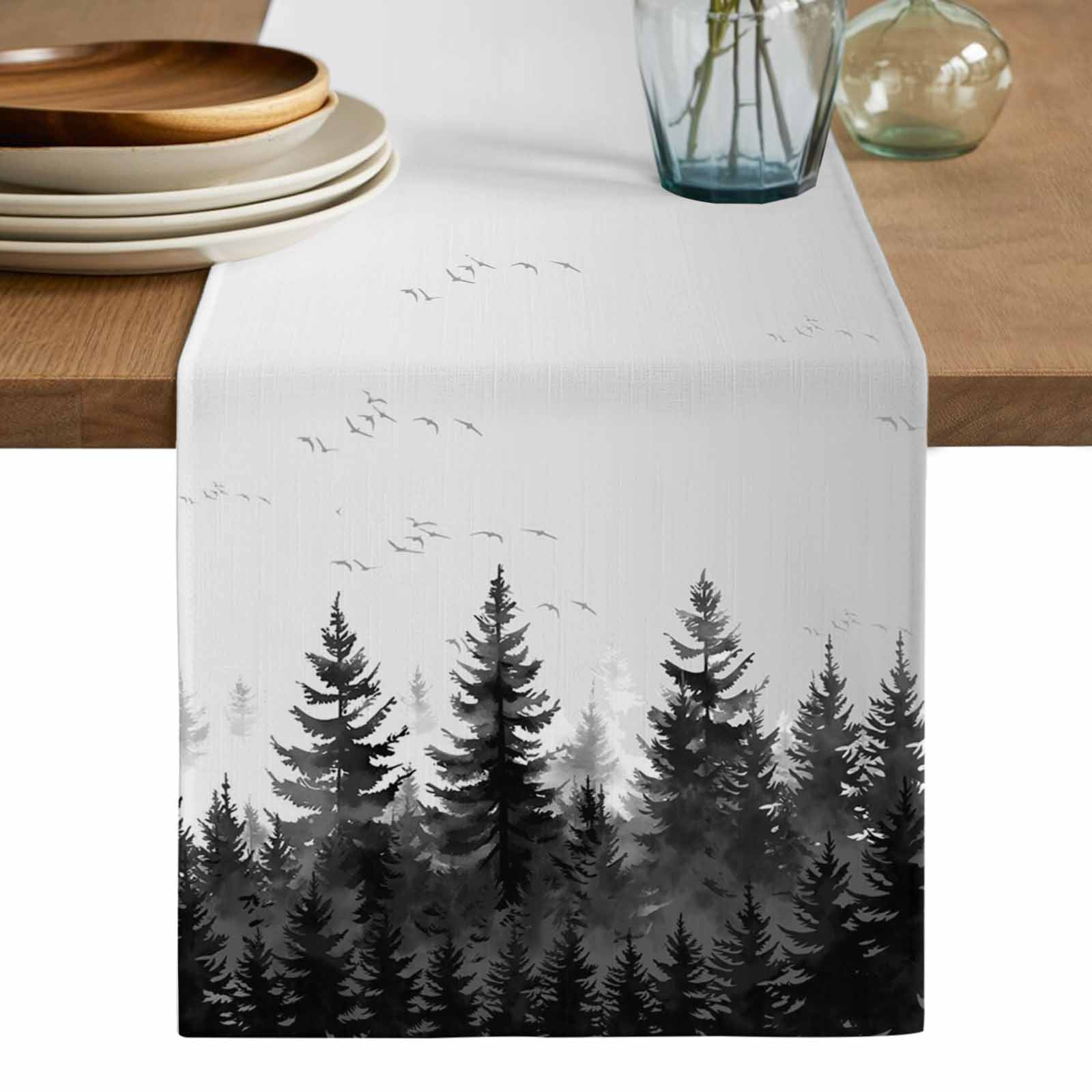 Black Mist Forest Table Runner, Retro Country Watercolor Tree Scenery ...