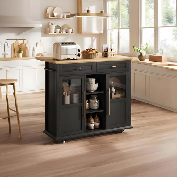 Black Mobile Kitchen Island Cart with Wheels, 2 Glass Doors and Spice ...