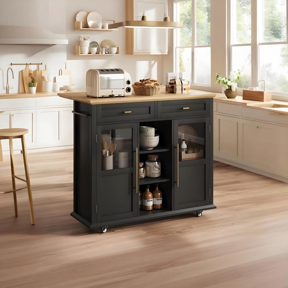 Black Mobile Kitchen Island Cart with Wheels, 2 Glass Doors and Spice ...
