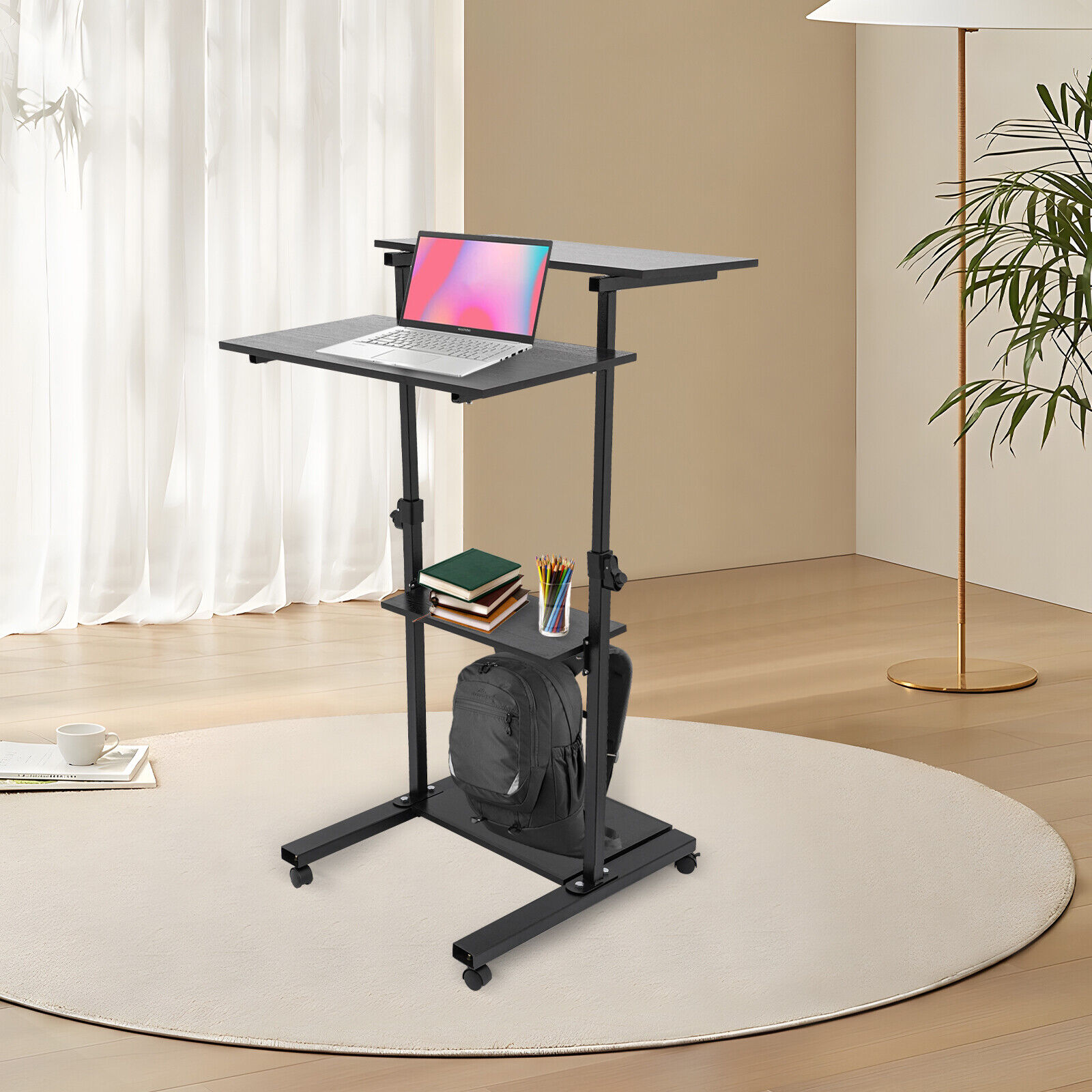 Black Mobile Standing Desk Adjustable Stand Up Computer Work Station ...