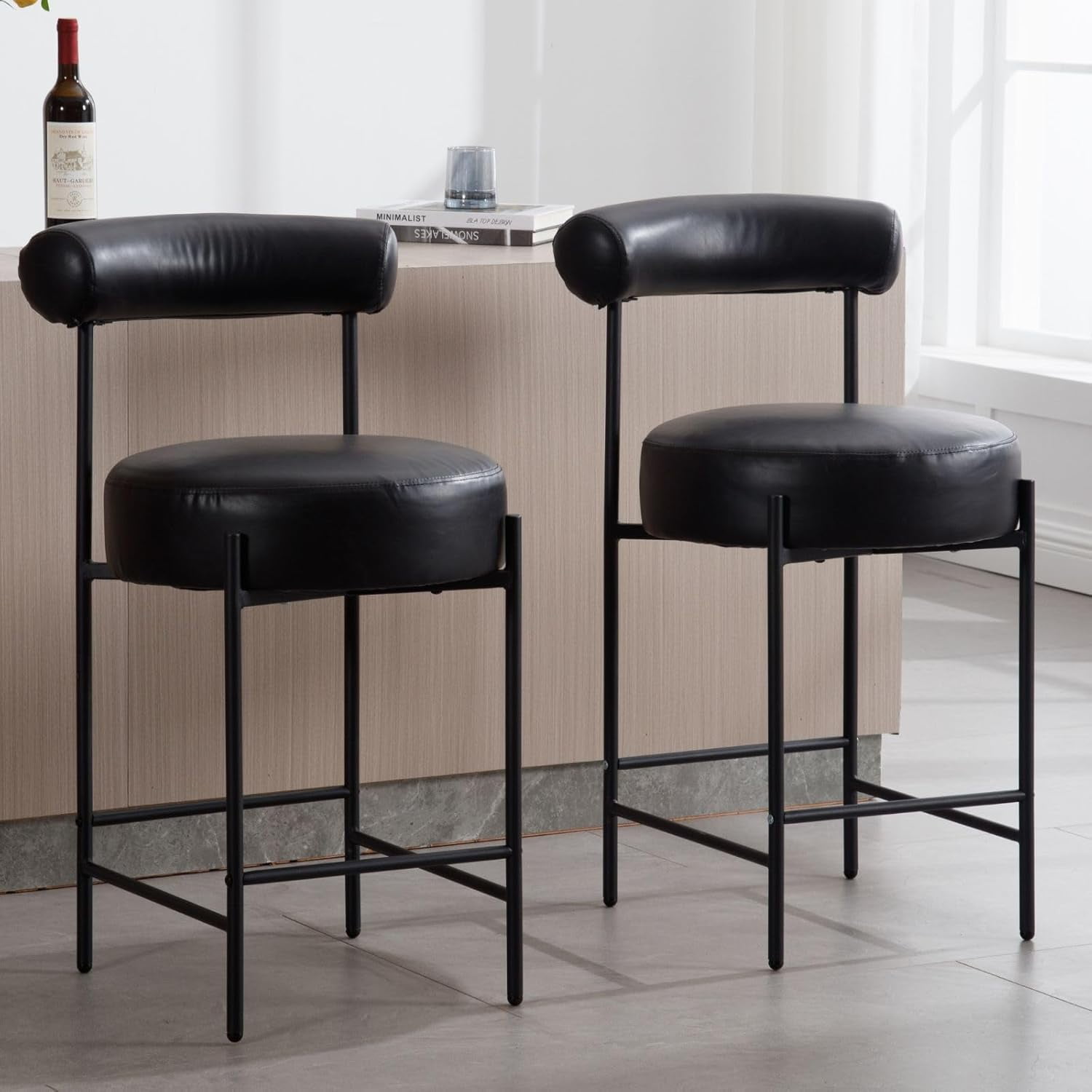 Black Modern Bar Stools Set of 2 Faux Leather Counter Height Stools ...