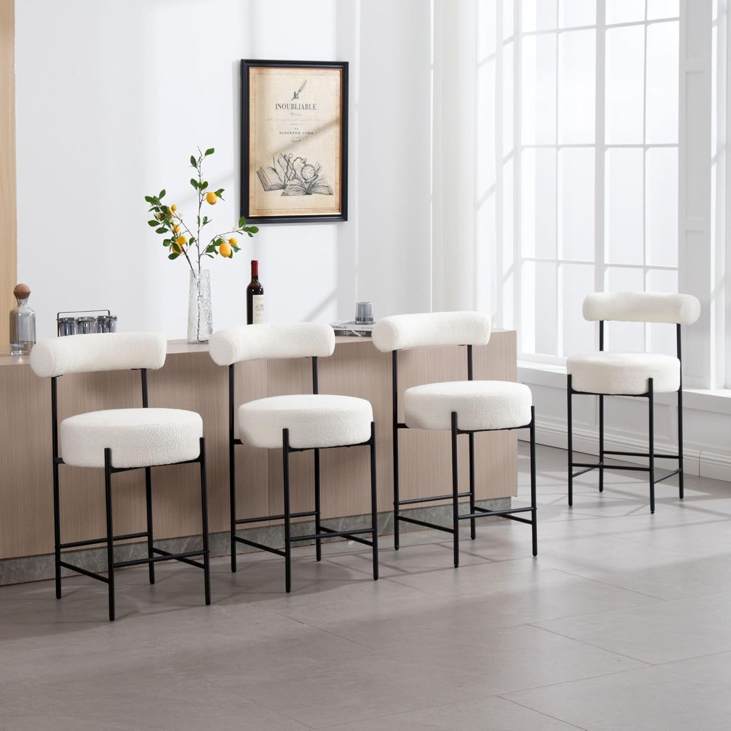 Black Modern Bar Stools Set of 2 Faux Leather Counter Height Stools ...