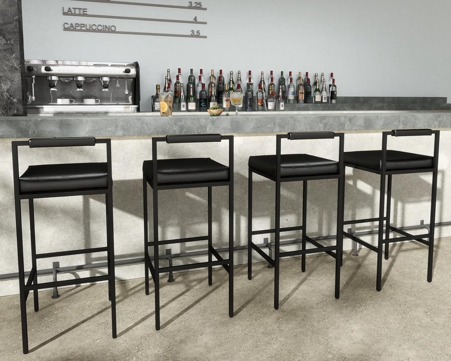 Black Modern Bar Stools Set of 6 with Low Back, Upholstered Counter ...