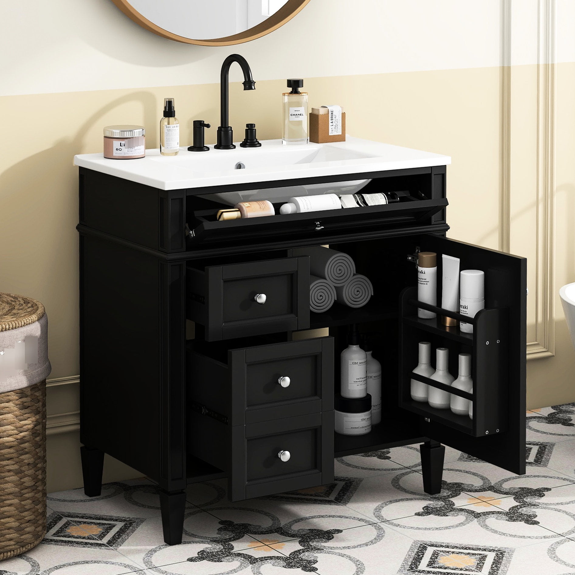 Black Modern Bathroom Vanity with Silent Drawer Slides | Provide Space ...