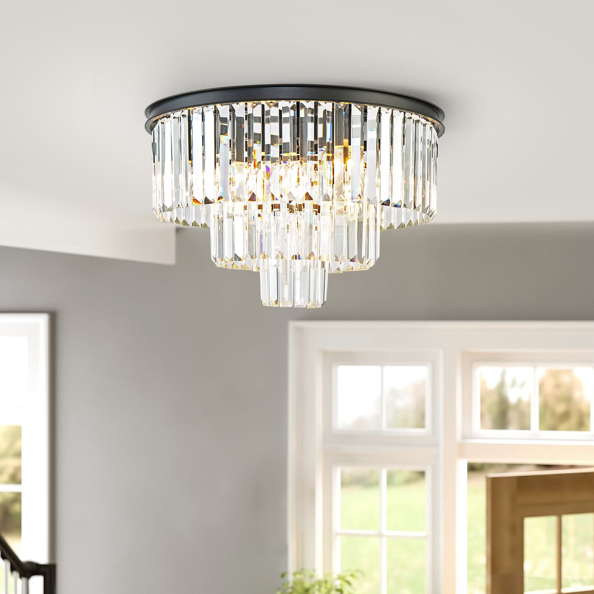 Black Modern Crystal Chandelier Lighting K9 Crystal Round Semi-Flush Mount Light Ceiling Light ...