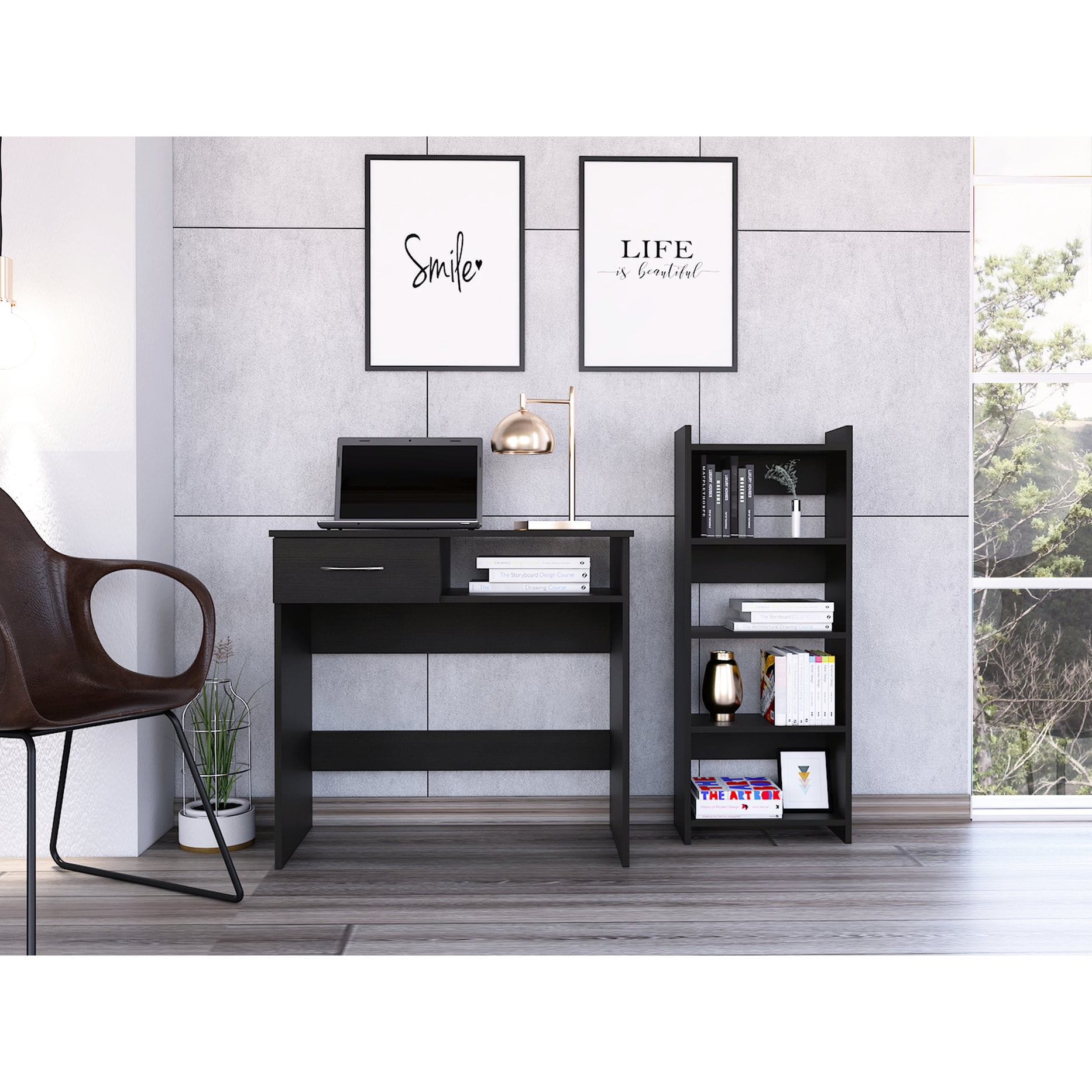 Black Modern Desk - Bookcase Combo / Perfect for Bedroom Computing ...