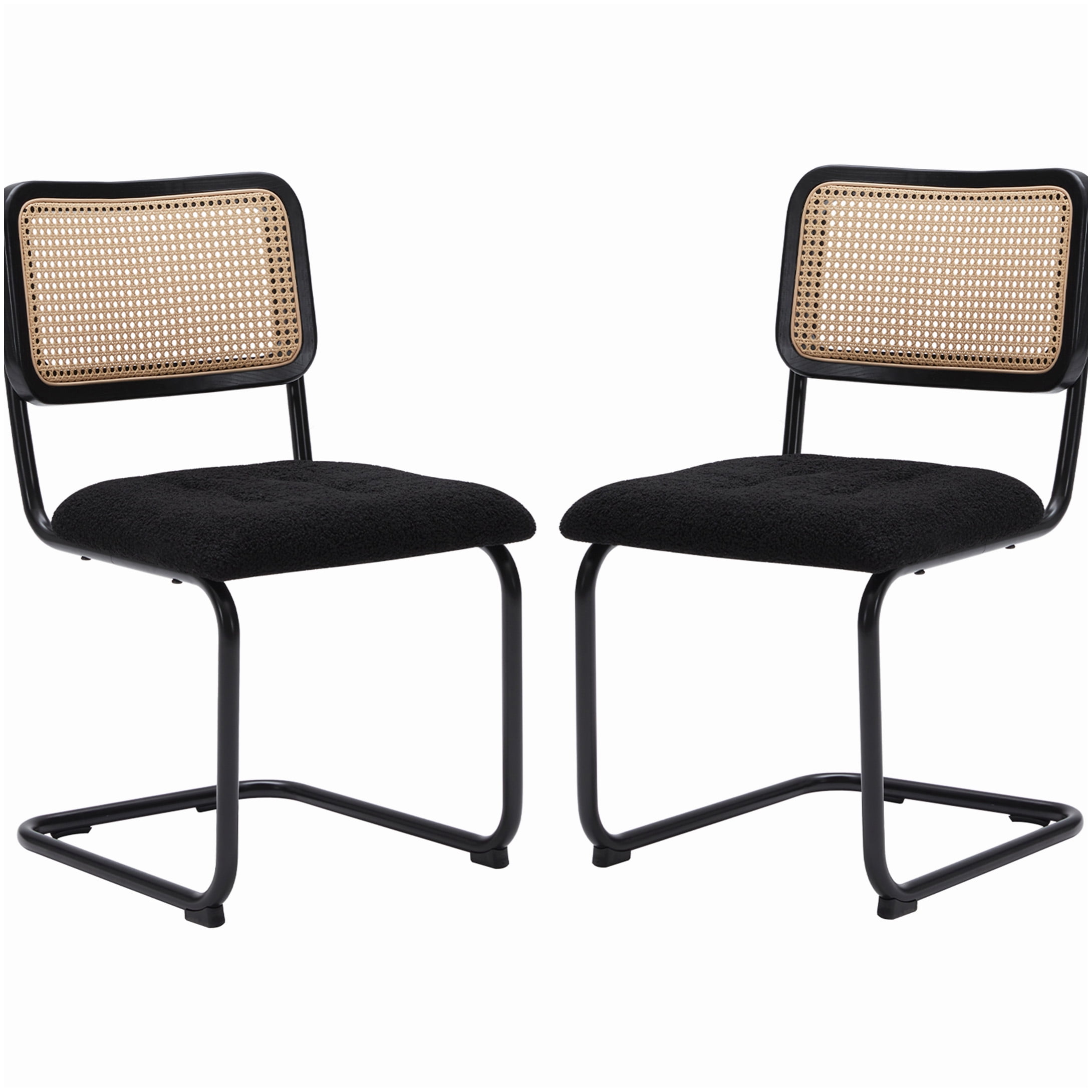 Black Modern Dining Chairs Set of 2, Cantilever Rattan Back Chairs with ...
