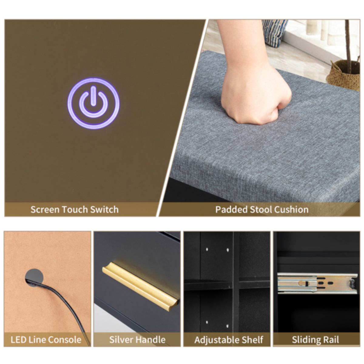 Black Modern FCH Particleboard Triamine Veneer Dressing Table Set with ...