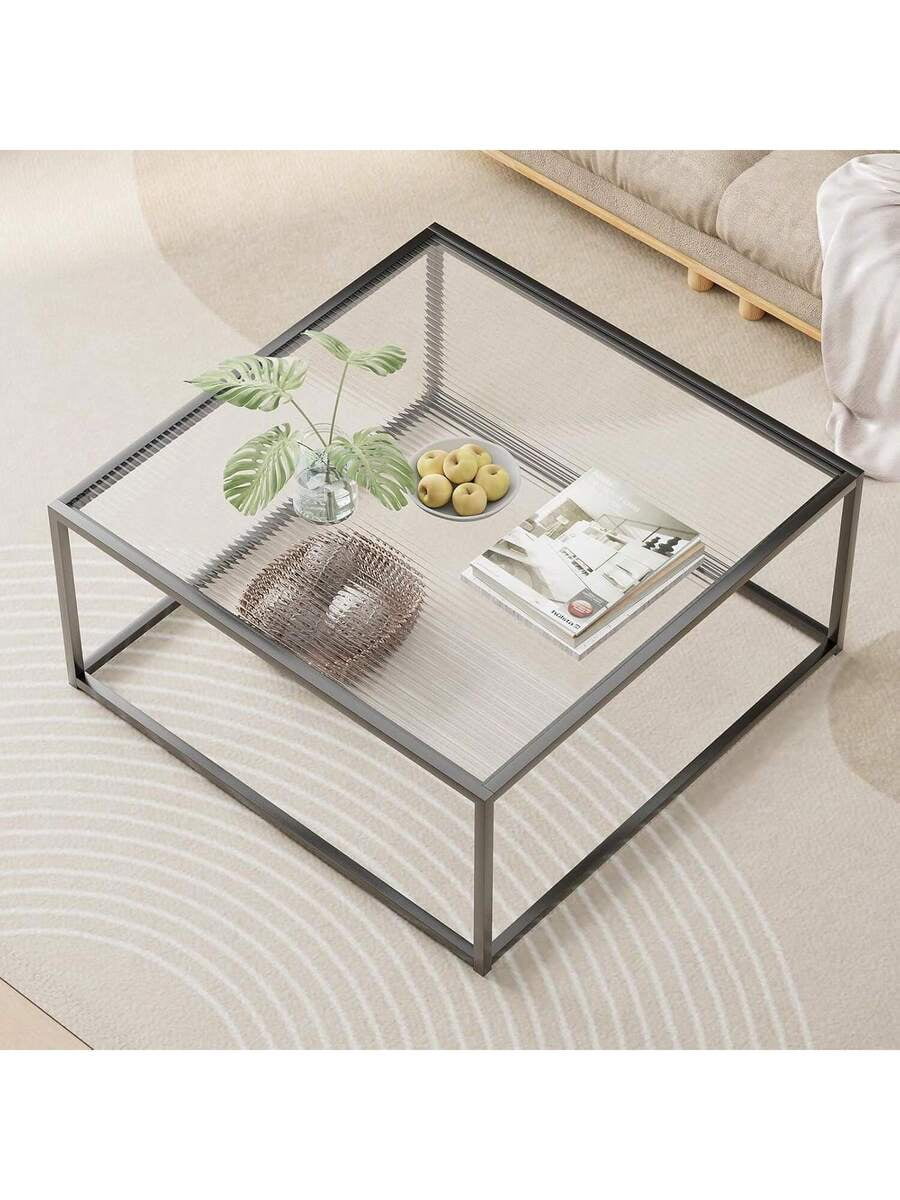 Black Modern Glass Coffee Table With Sturdy Metal Frame, Minimalist ...