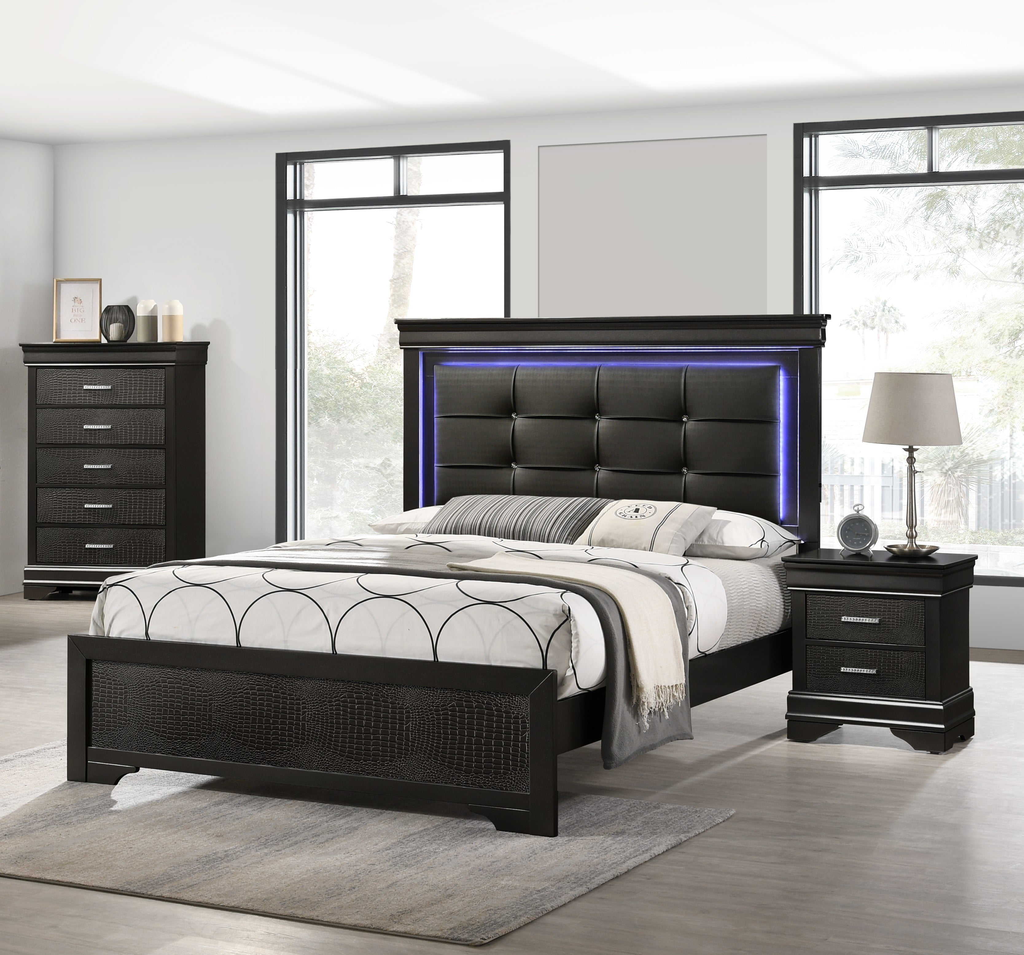 Black Modern LED Light Twin Panel Upholstered Bed Chest Nightstand ...