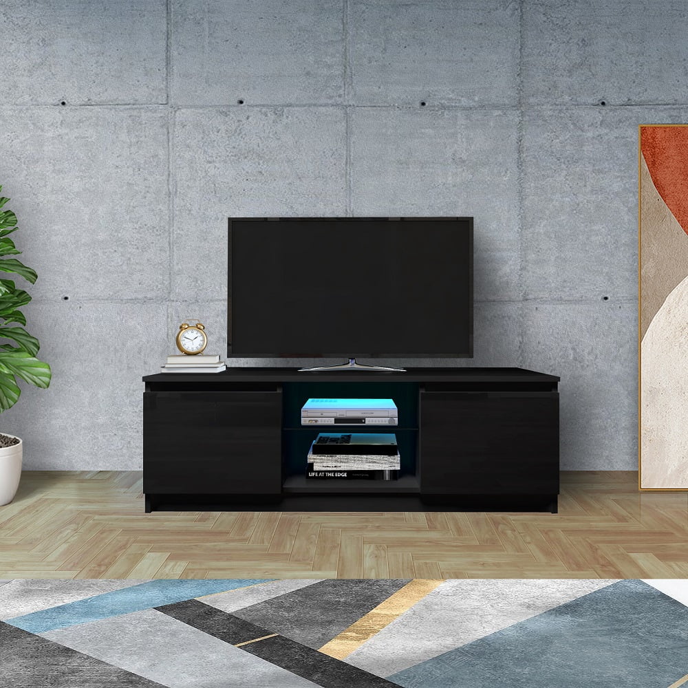 Black Modern LED TV Cabinet with Storage Drawers, Living Room ...