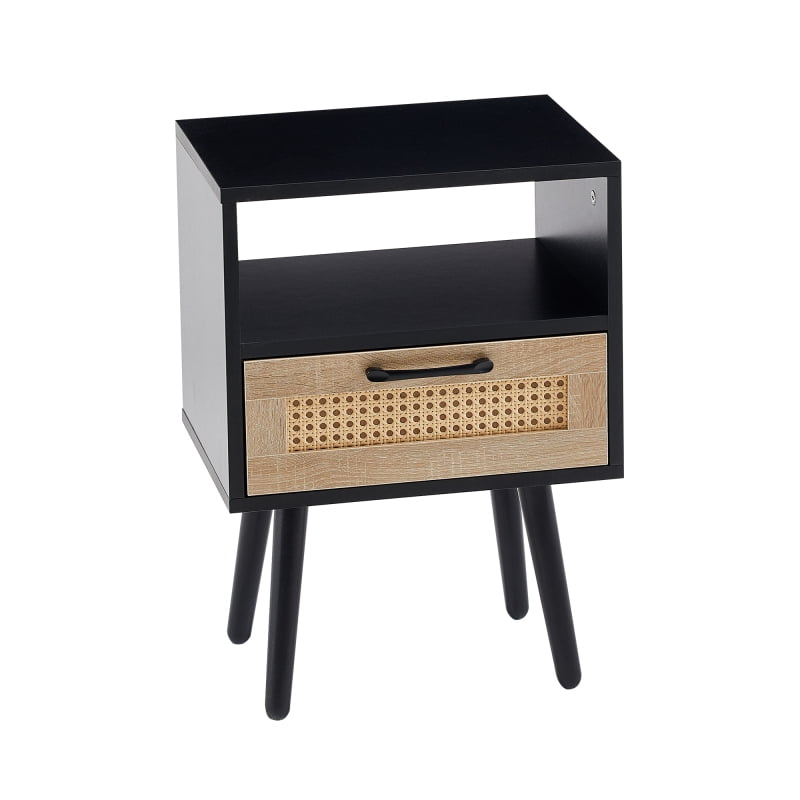 Black Modern Rattan Side Table - 15.75" End Table with Drawer, Solid ...
