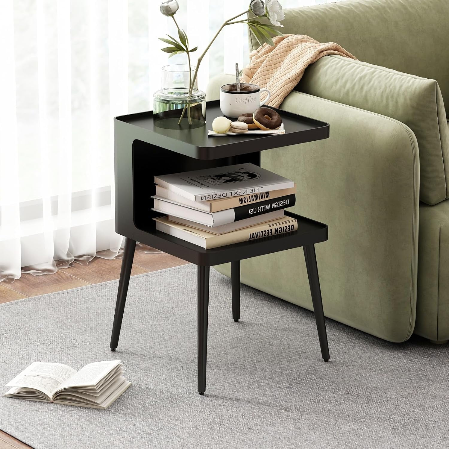 Black Modern Side Table, 2 Tier Small End Tables Bedroom, Metal Side ...