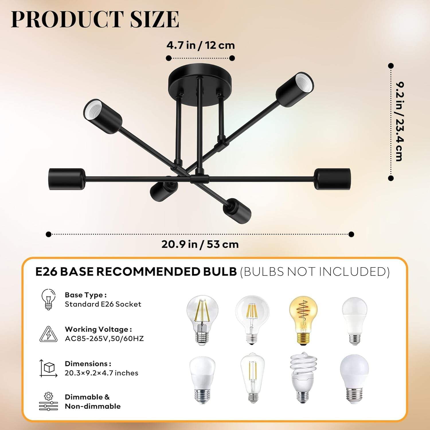 Black Modern Sputnik Chandelier Ceiling Light Fixtures, 6-Lights Mid ...