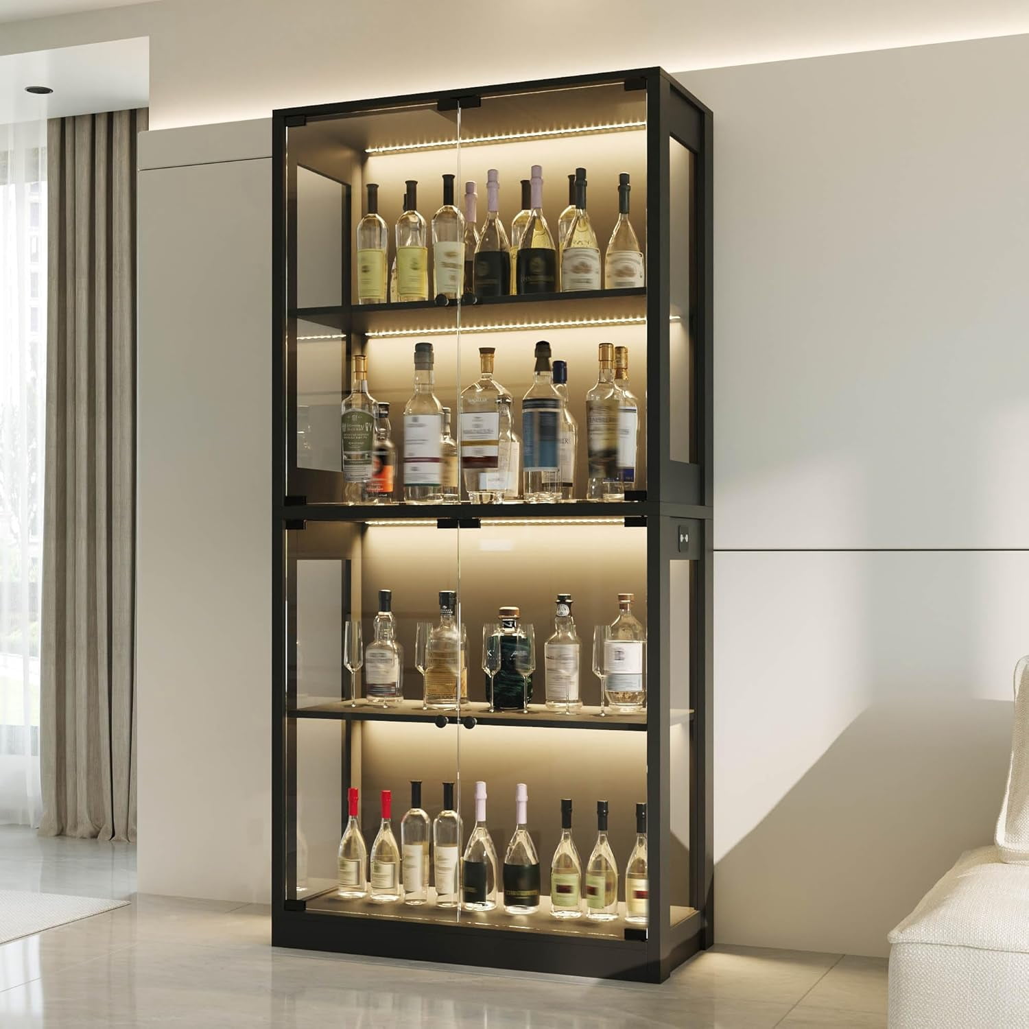 Black Modern Storage Cabinet with Doors, Lighted Glass Showcase Display ...