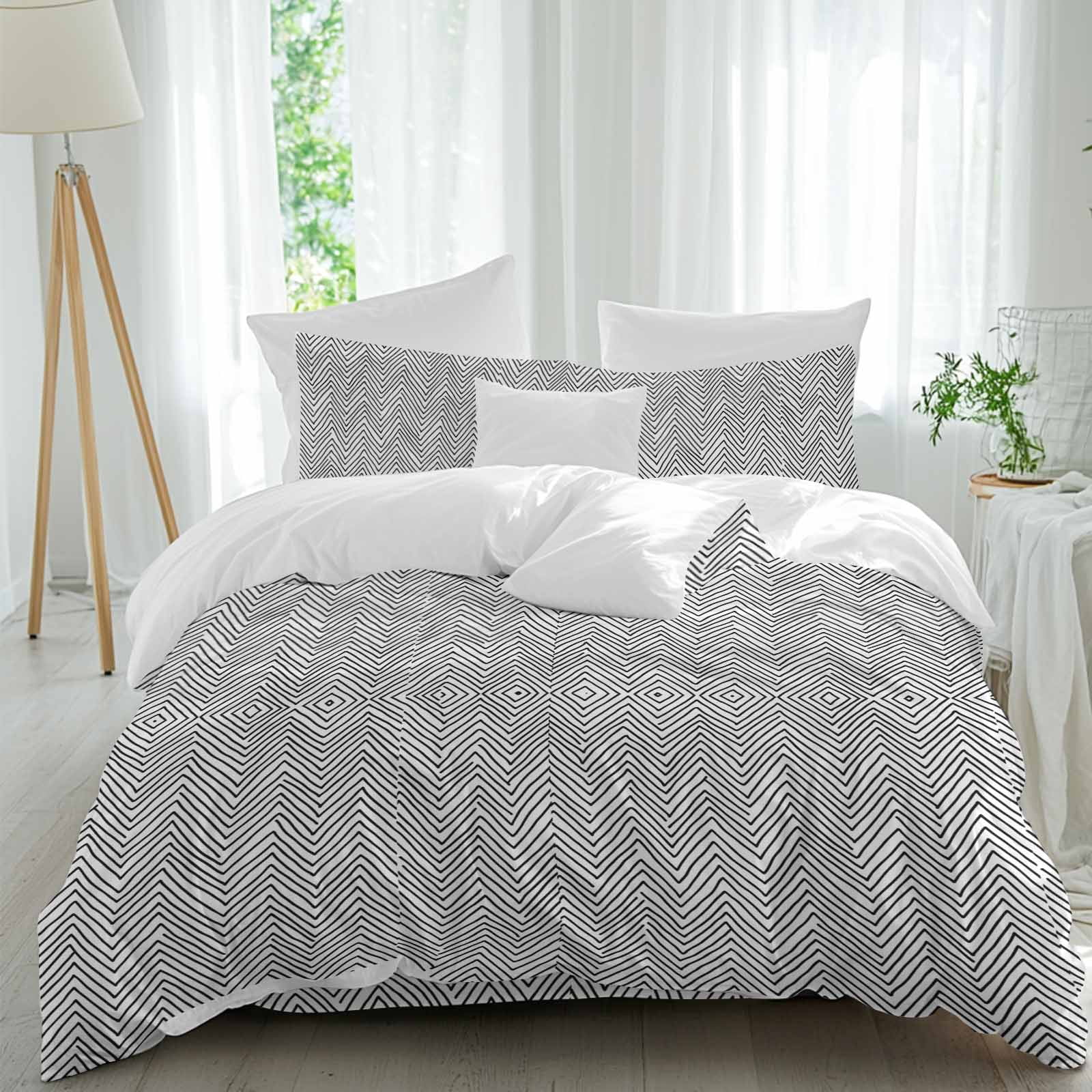 Black Modern Striped California King Size Bed Set,White Simple Lines ...