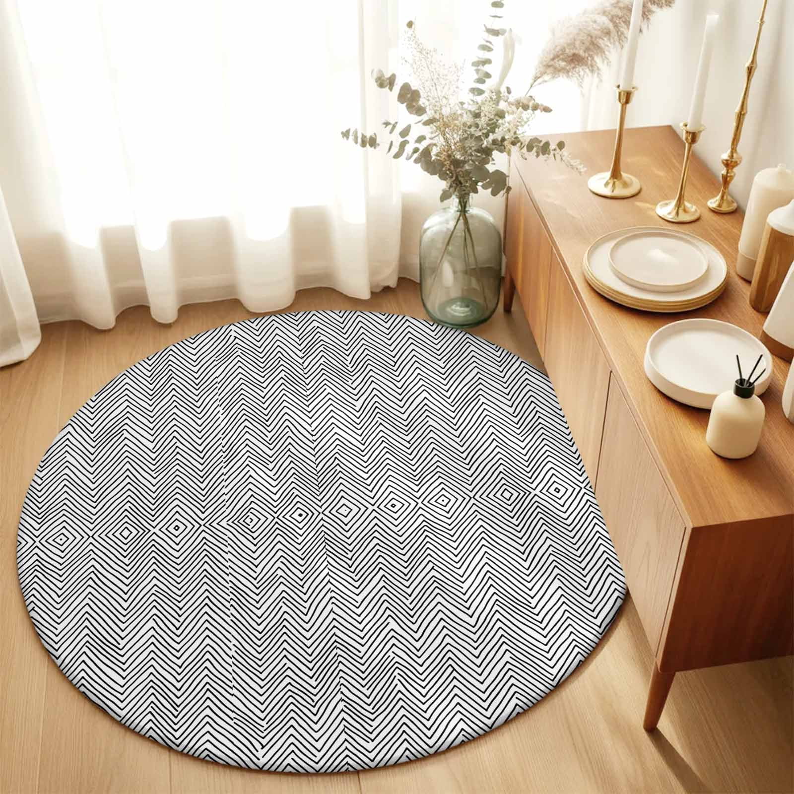 Black Modern Striped Round Rug 3ft White Simple Lines Washable Area ...