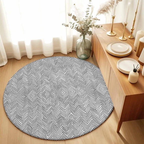 Black Modern Striped Round Rug 3ft White Simple Lines Washable Area ...