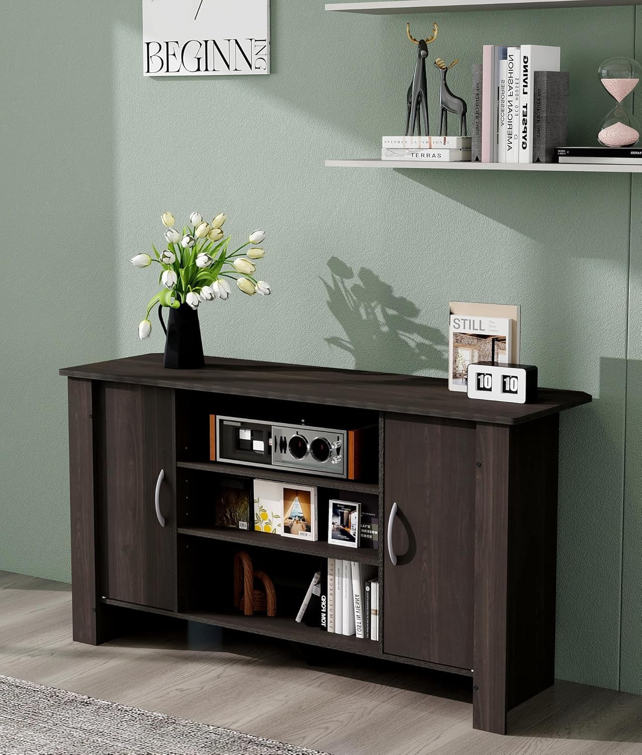 Black Modern TV Stand with Two Doors, TV Entertainment Center with ...