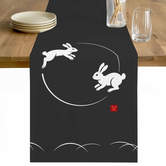 Black Modern Table Runner - 70 Inch Long Farmhouse Rabbit Abstract Art ...