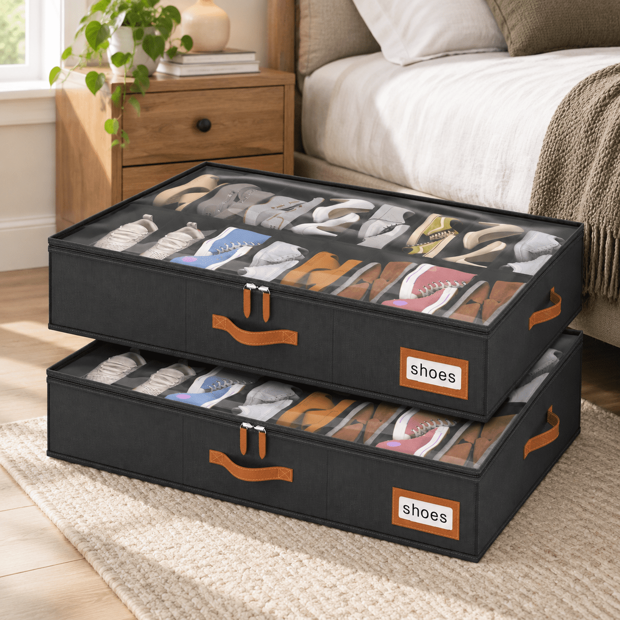 Black Modern Under Bed Shoe Organizer Set of 2, Holds 32 Pairs of Shoes ...