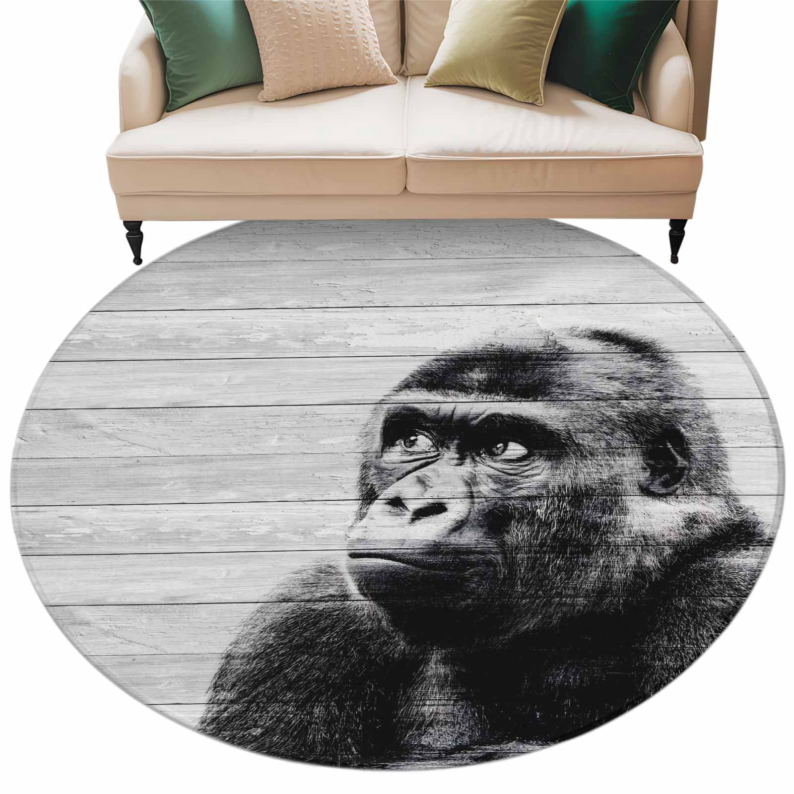 Black Monkey Retro Round Rug 7ft Washable Circle Rugs Non Slip Modern ...