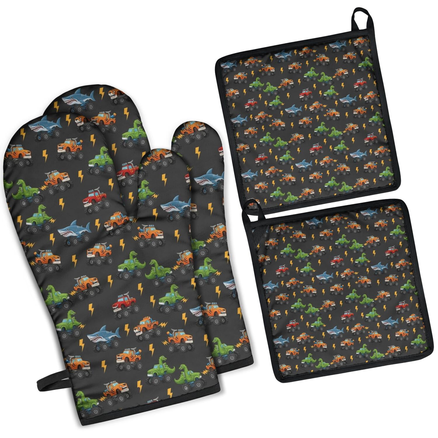 Black Monster Cartoon Trucks Dinosaur Shark Pattern Kitchen Oven Mitt ...