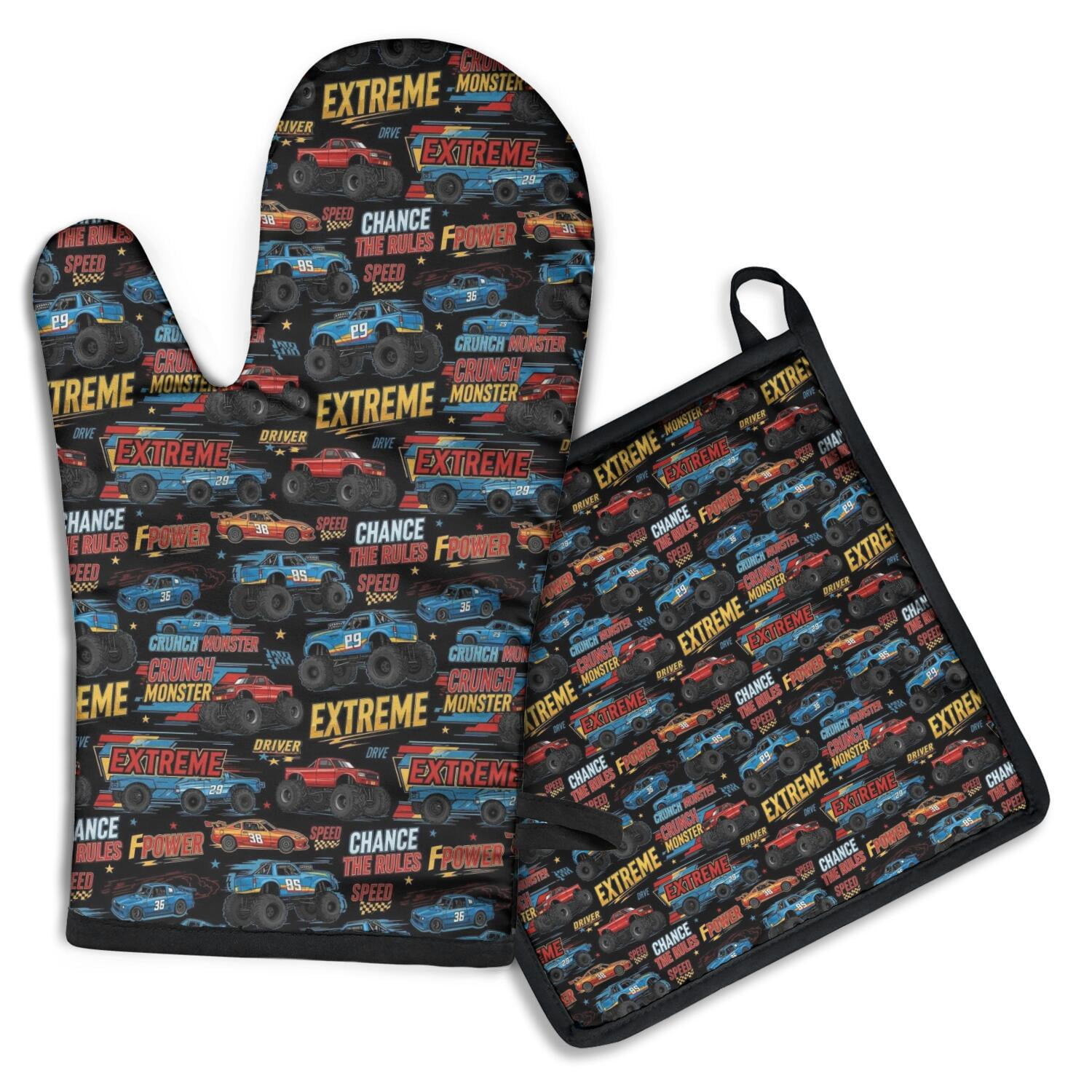 Black Monster Cartoon Trucks Extreme Pattern Kitchen Oven Mitt and Pot ...