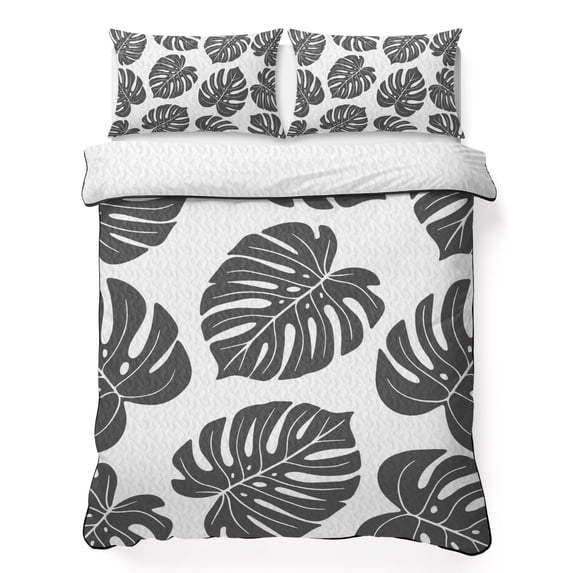 Black Monstera Leaf 3 Piece Quilt Bedding Set with 2 Pillow Shams ...