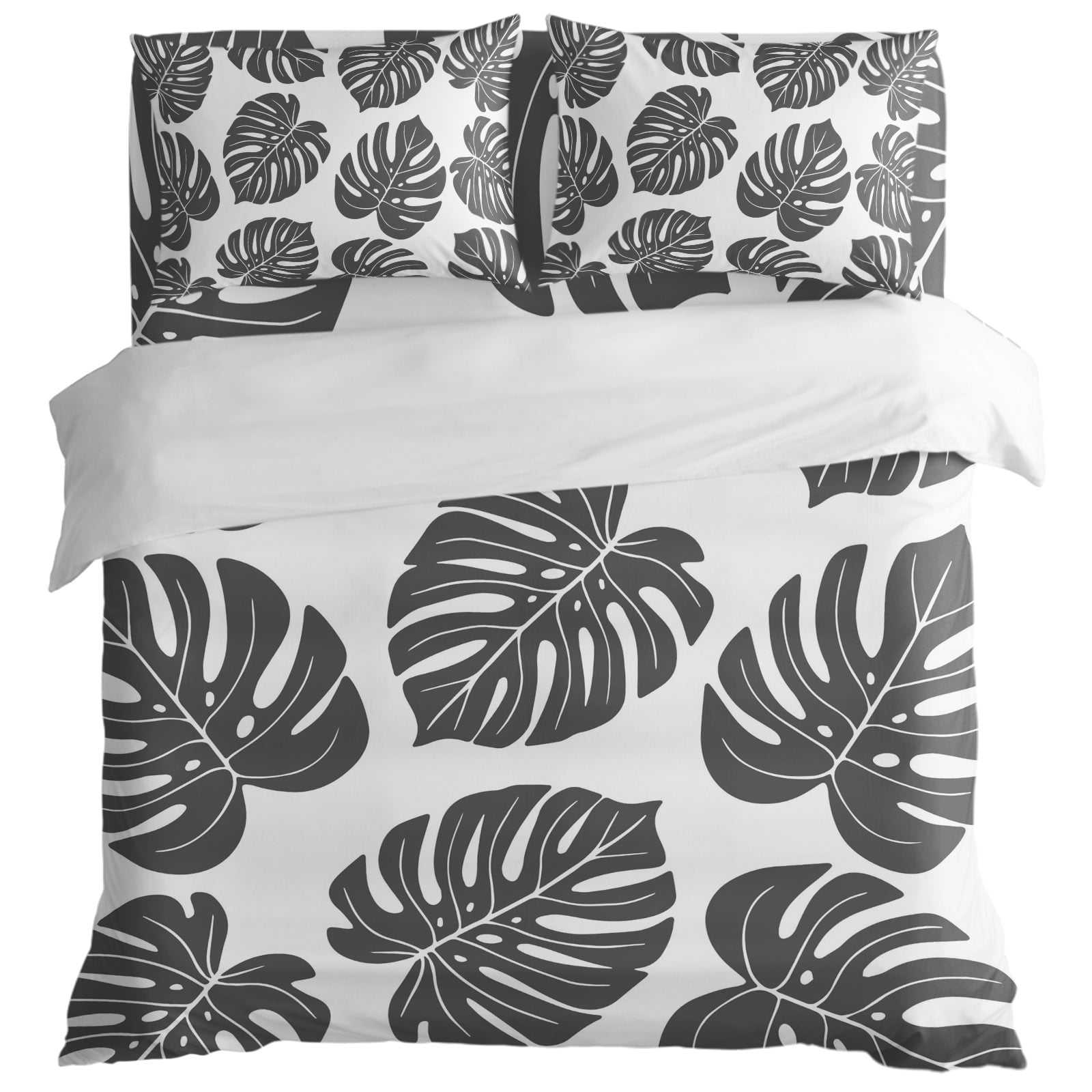 Black Monstera Leaf Duvet Cover Set Queen Size, Tropical Botanical ...