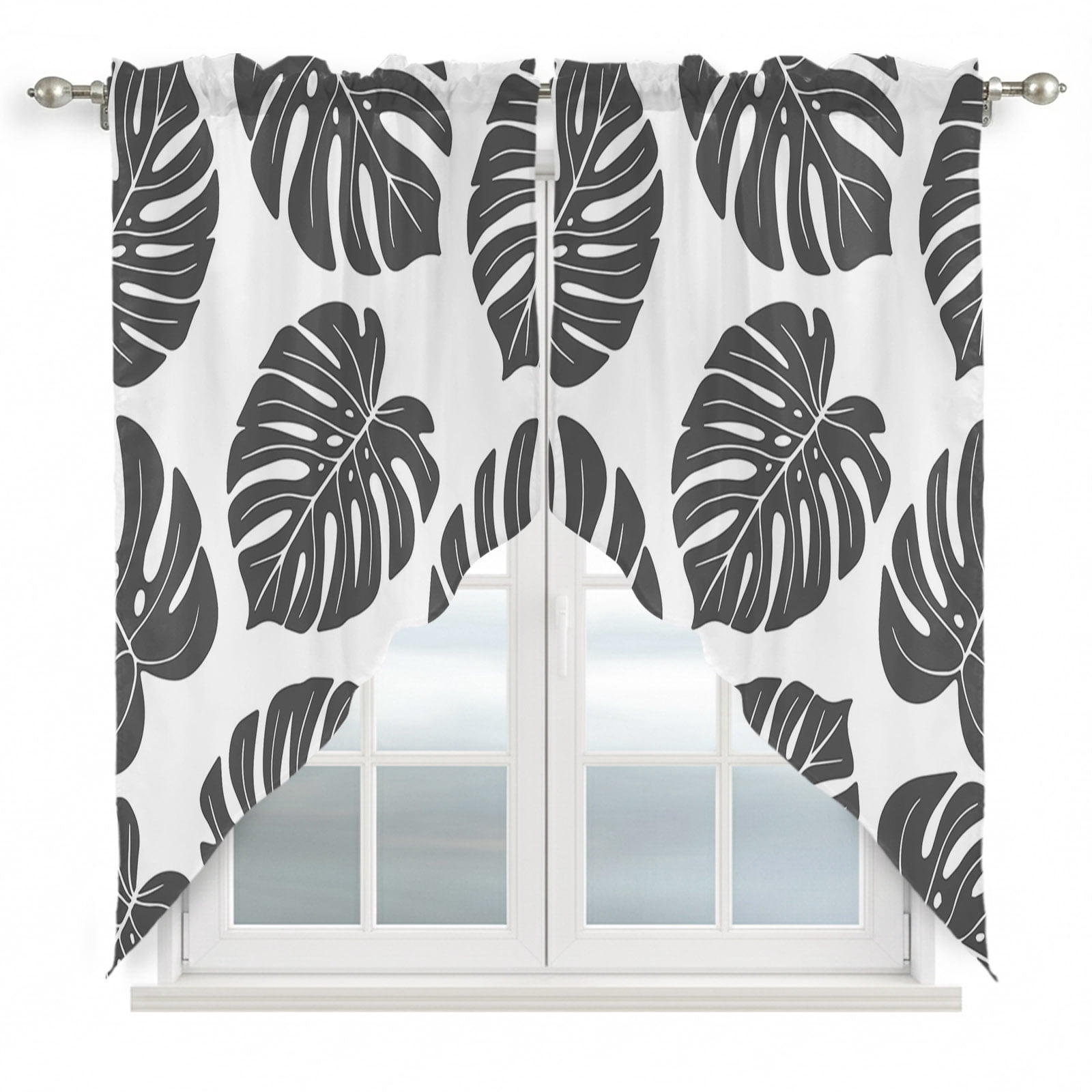Black Monstera Leaf Swag Valances for Windows 2 Pack Tropical Botanical ...