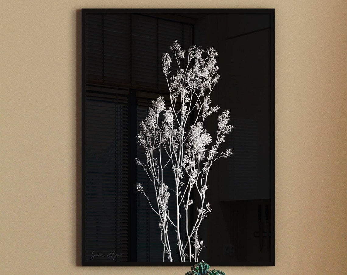 Black Moody Floral Botanical Print White Rustic Flower On A Black ...