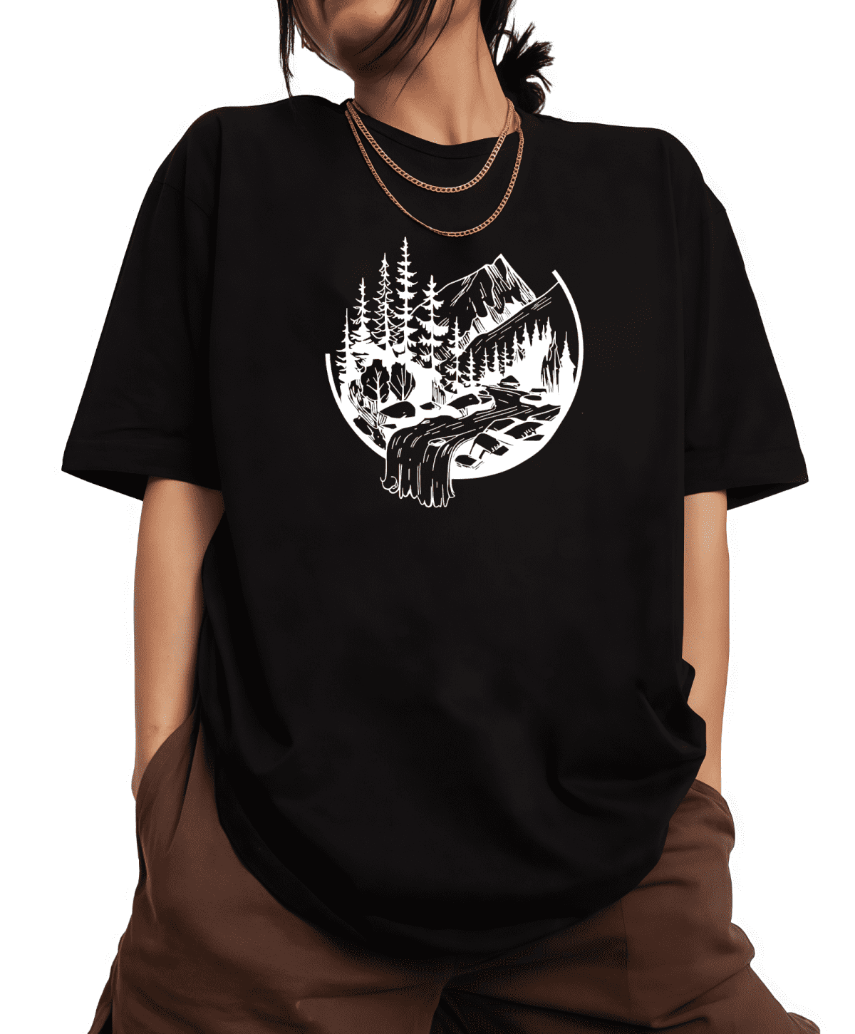 Black Moon Mountain Waterfall Graphic Tees Print Tshirt Shirts Short ...