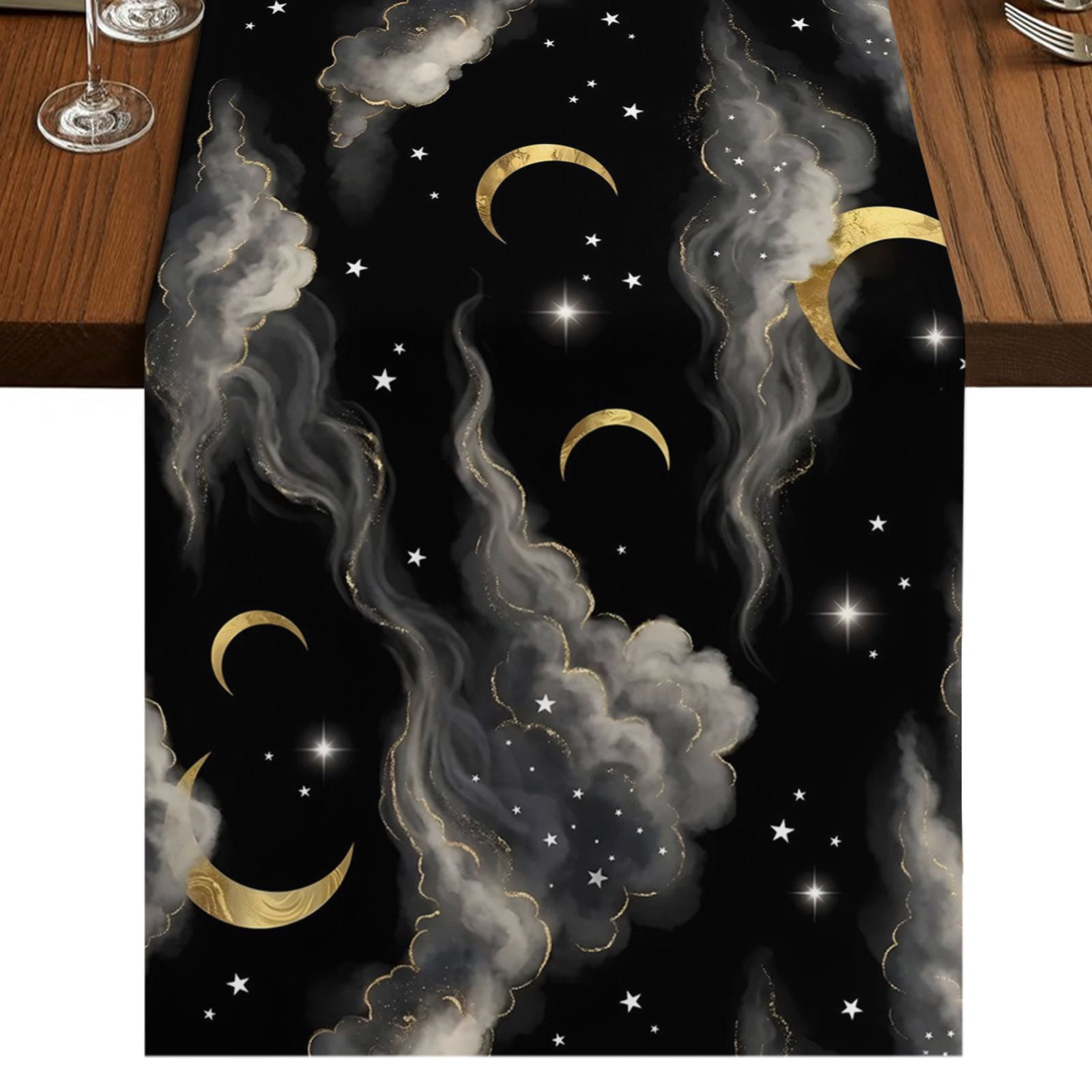 Black Moon Night Burlap Cotton Table Runner 13x70 Inches Long, Starry ...