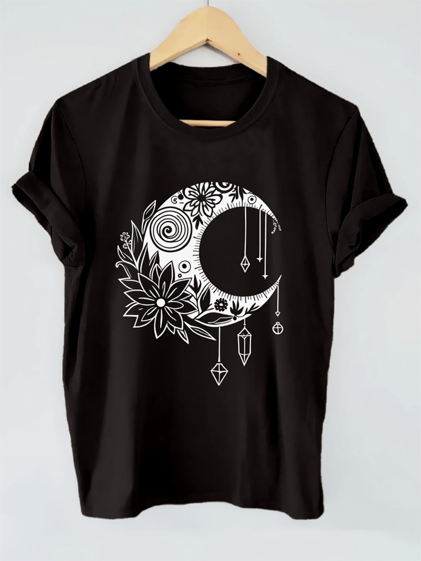 Black Moon Phase Print T Shirt Unisex Casual Short Sleeve Graphic Tee ...