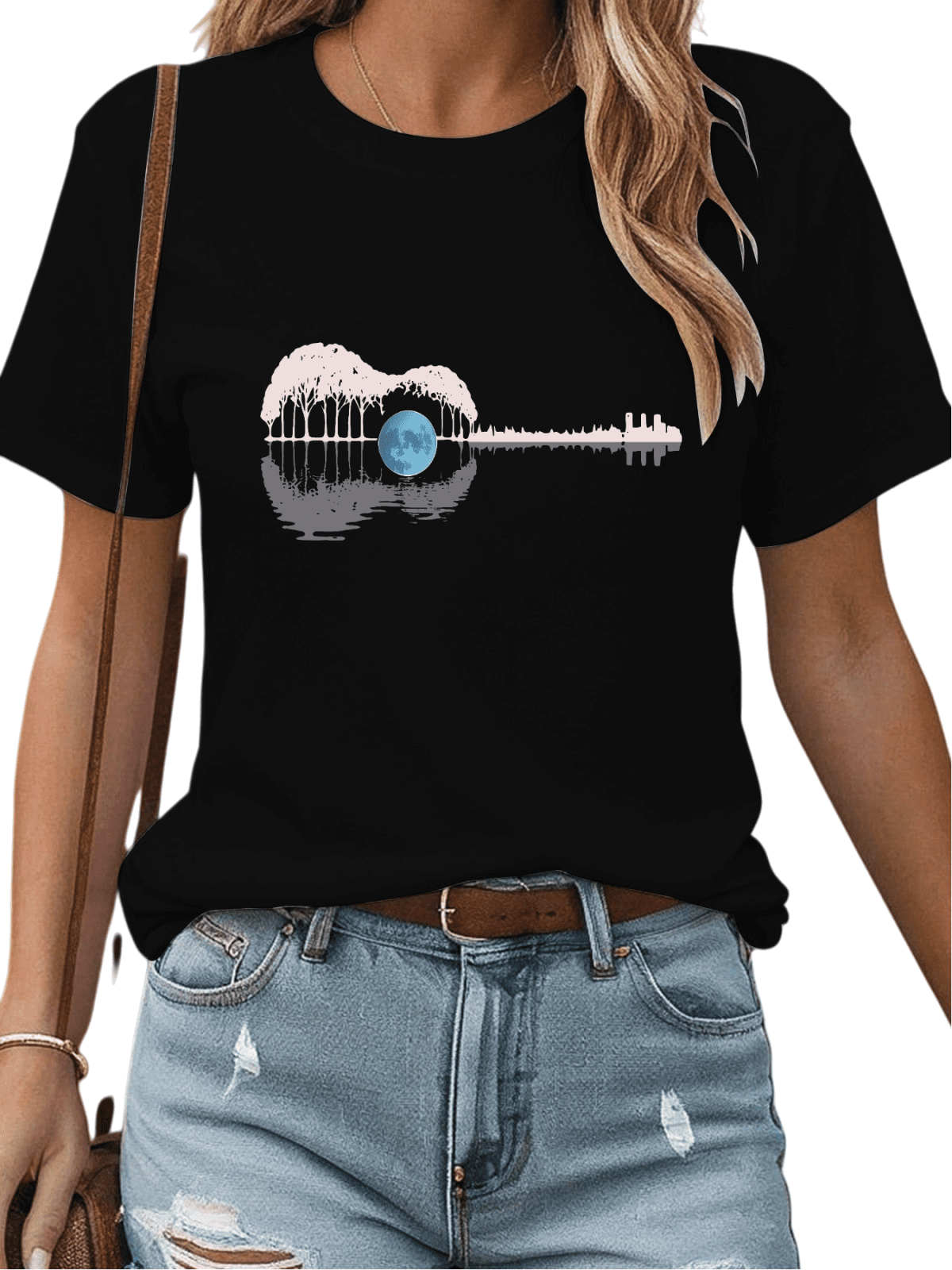 Black Moonlit Lake Silhouette Graphic T-Shirt Casual Loose Comfortable ...