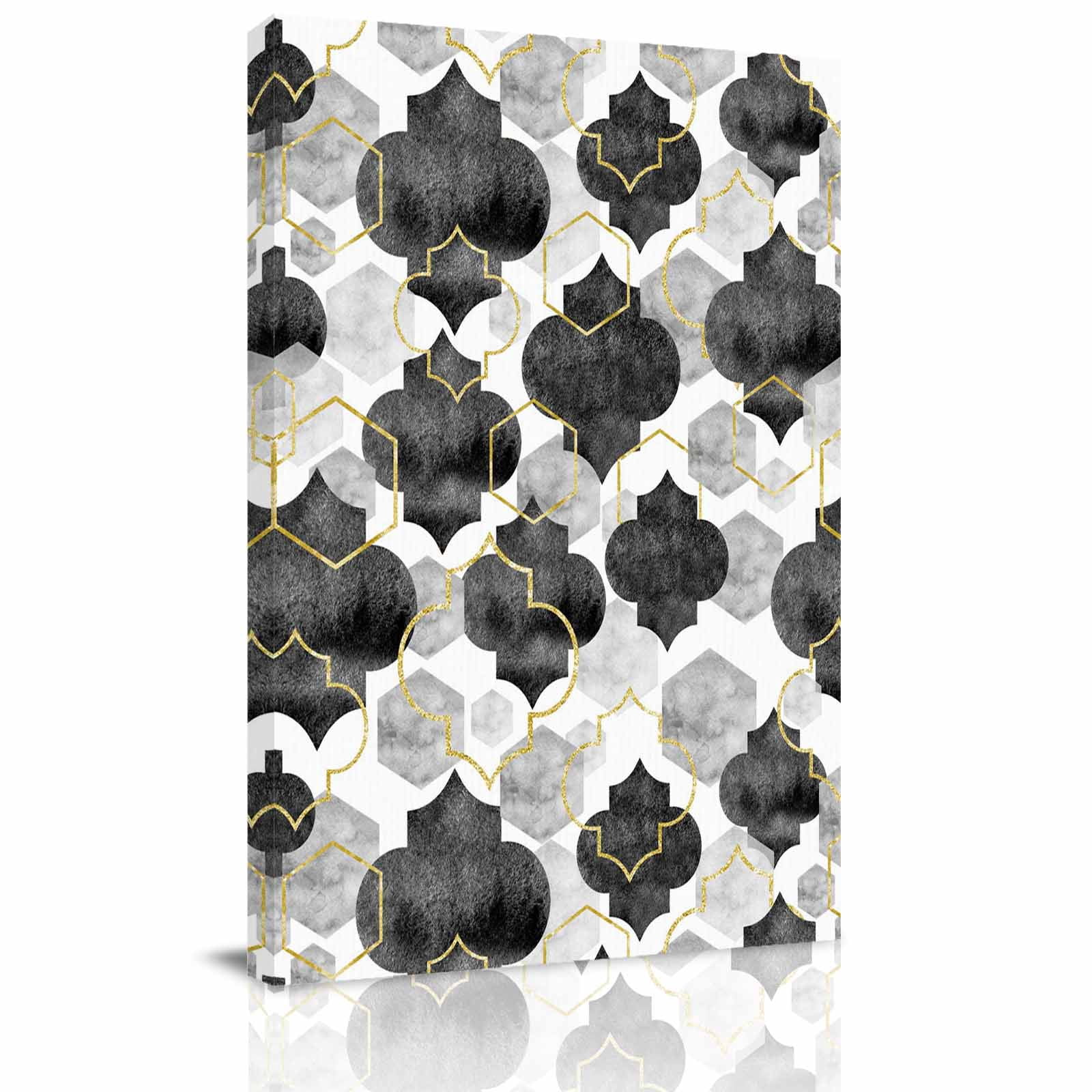 Black Moroccan Canvas Wall Art for Living Room, Abstract Gradient Gold ...