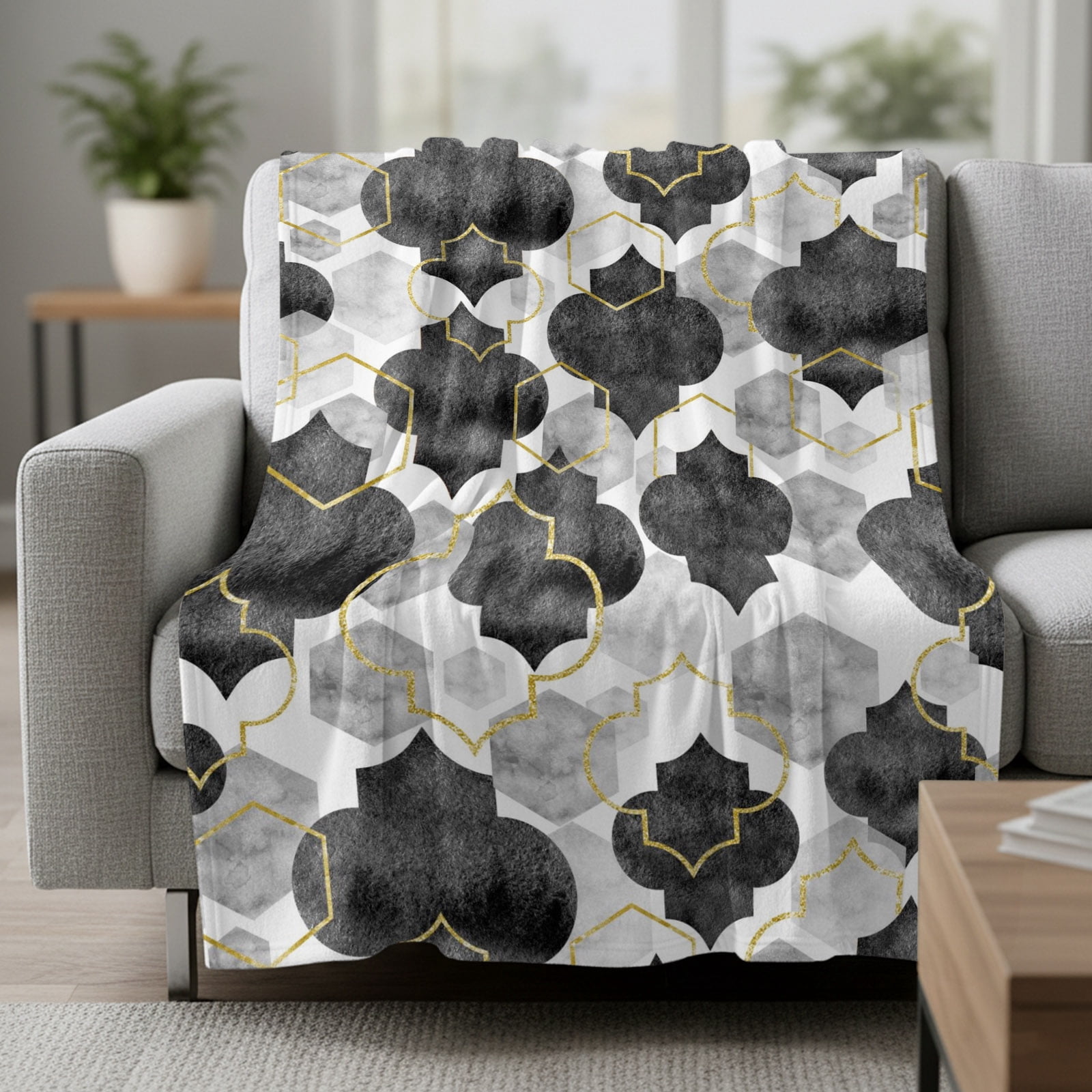 Black Moroccan Fleece Throw Blanket Abstract Gradient Gold Black ...