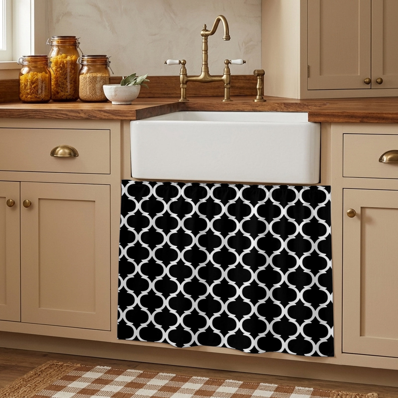 Black Morocco Pattern Cabinet Curtains 27.6"W x 35.4"L, White Moroccan ...